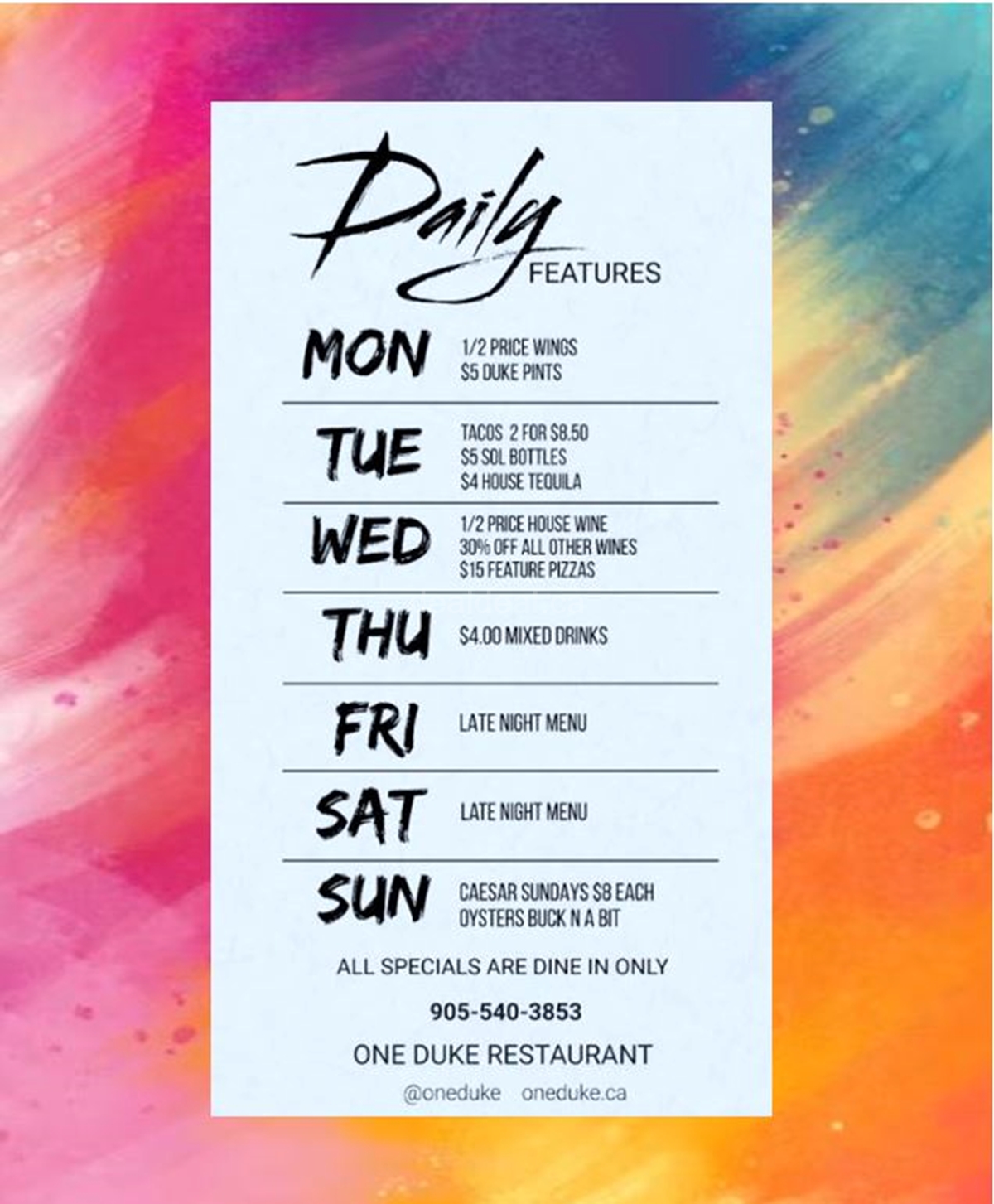 Daily Features at One Duke Restaurant Hamilton