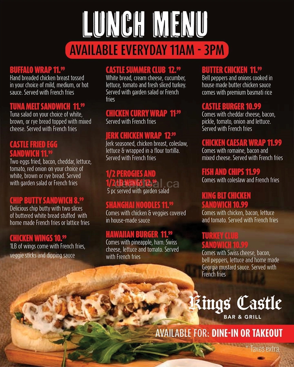 Lunch Menu at King's Castle Bar & Grill